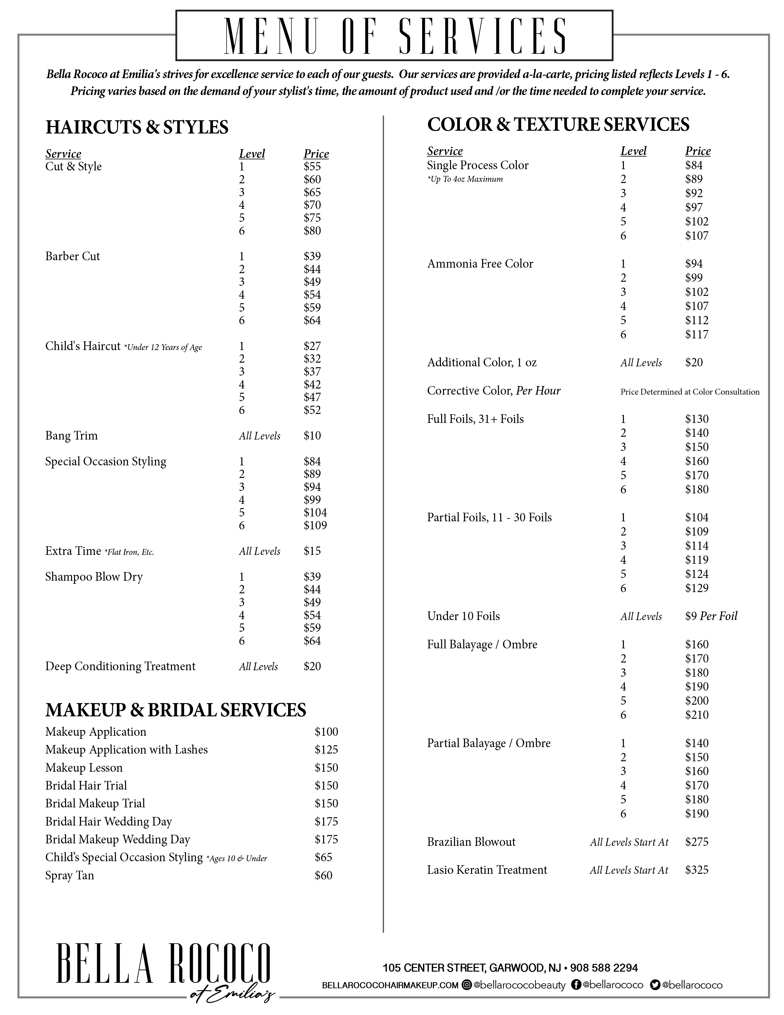 Salon Menus – Bella Rococo At Emilias Salon